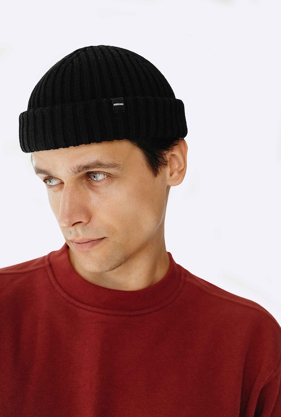 Black Fisherman Beanie. Merino Wool Fisherman Beanie. Watch Cap. Short Beanie Etsy