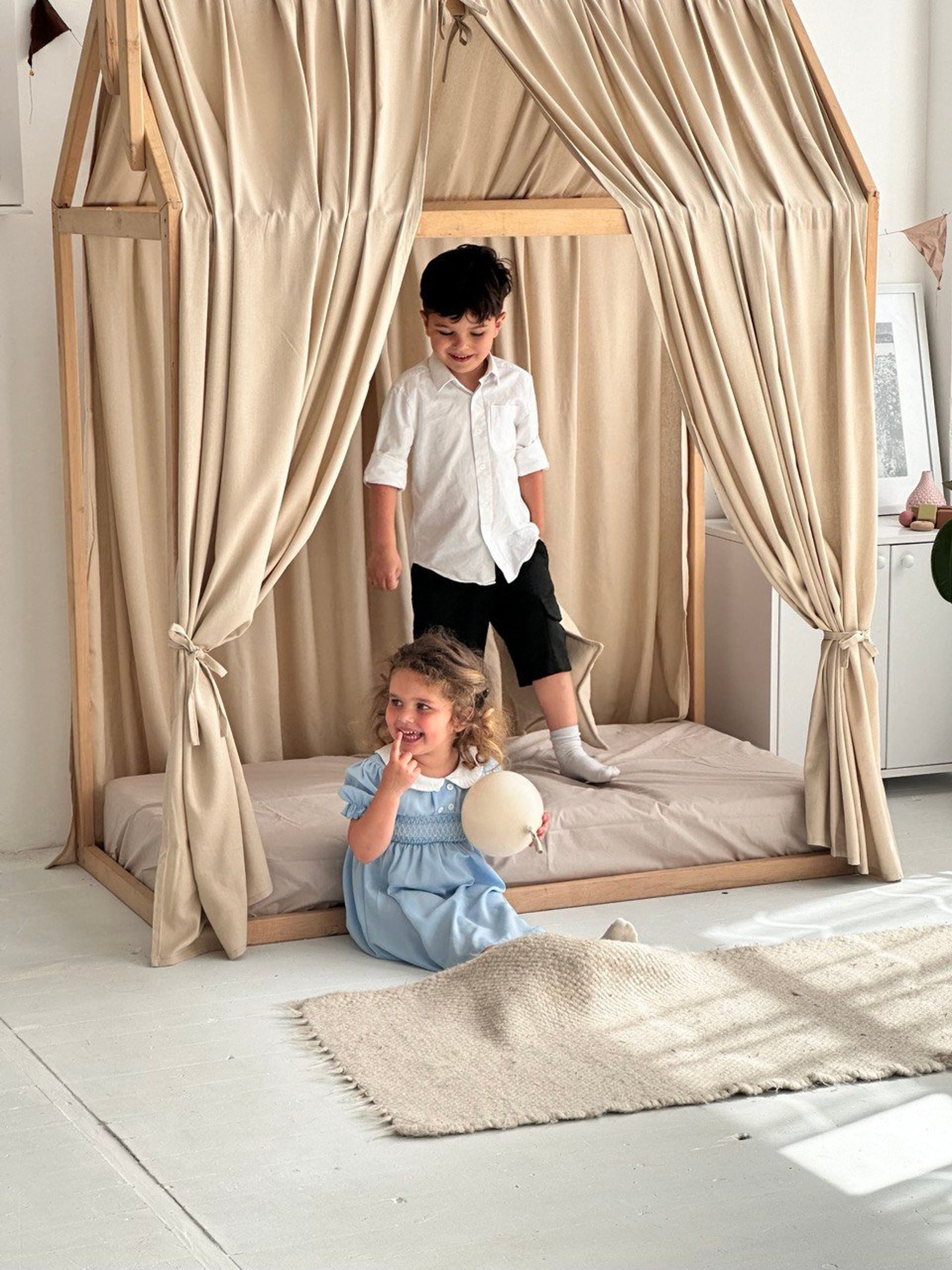 Linen Bed Canopy Curtains | Montessori Toddler House‑bed Canopy ...