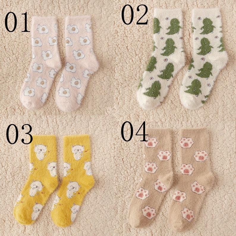 Cat Paw Fluffy Socks Cute Dinosaur Warm Socks Women's - Etsy