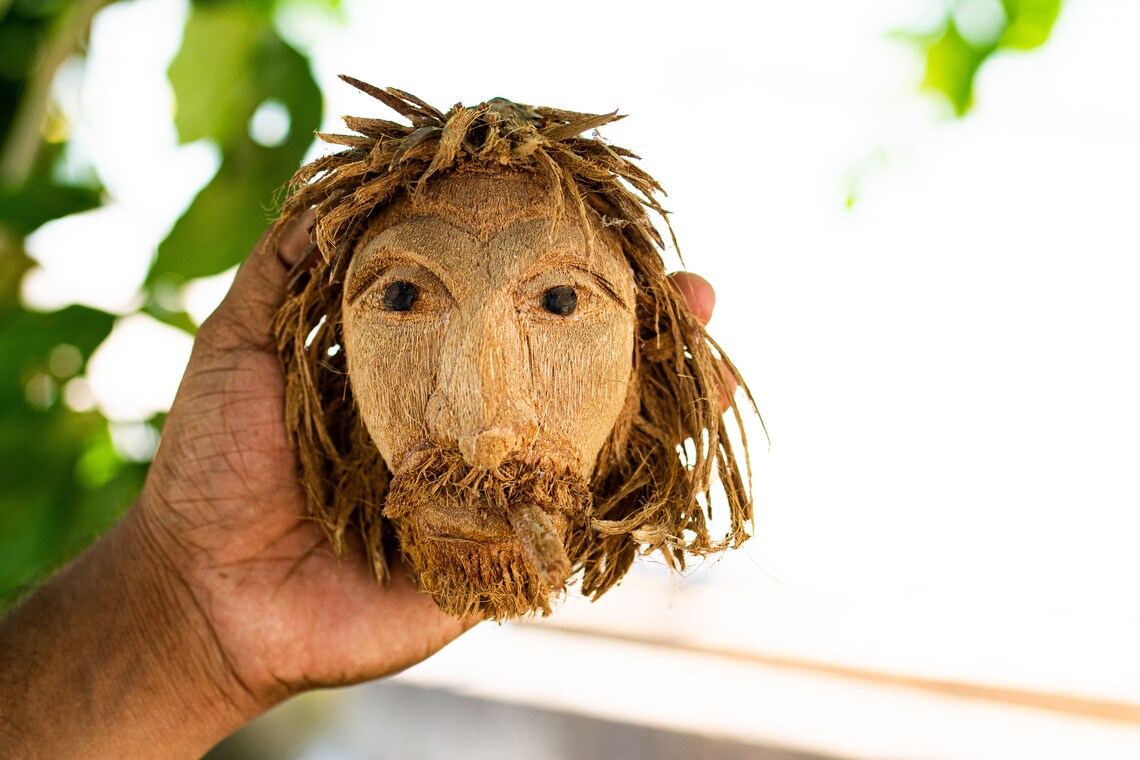 Vintage Coconut Man Face Carving with Beard and Amber Marble | Etsy