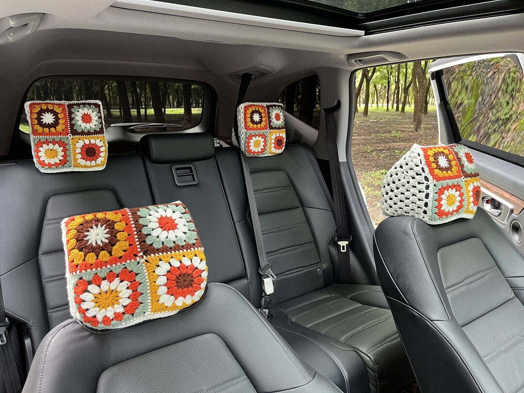 Car Headrest Covers,crochet Rainbow Sunflower Granny Square Headrest ...