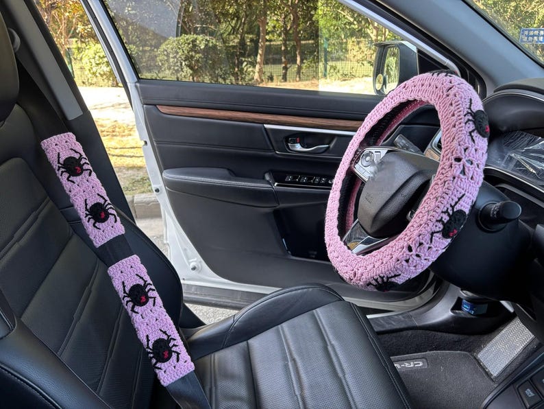 Crochet Spider Pink Car Steering Wheel Cover & Seatbelt Cover Set - Etsy UK