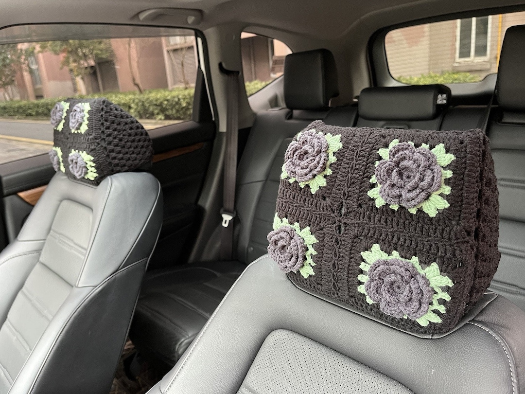 Crochet Roses Flower Headrest Cover for Women,cute Car Crochet Headrest ...