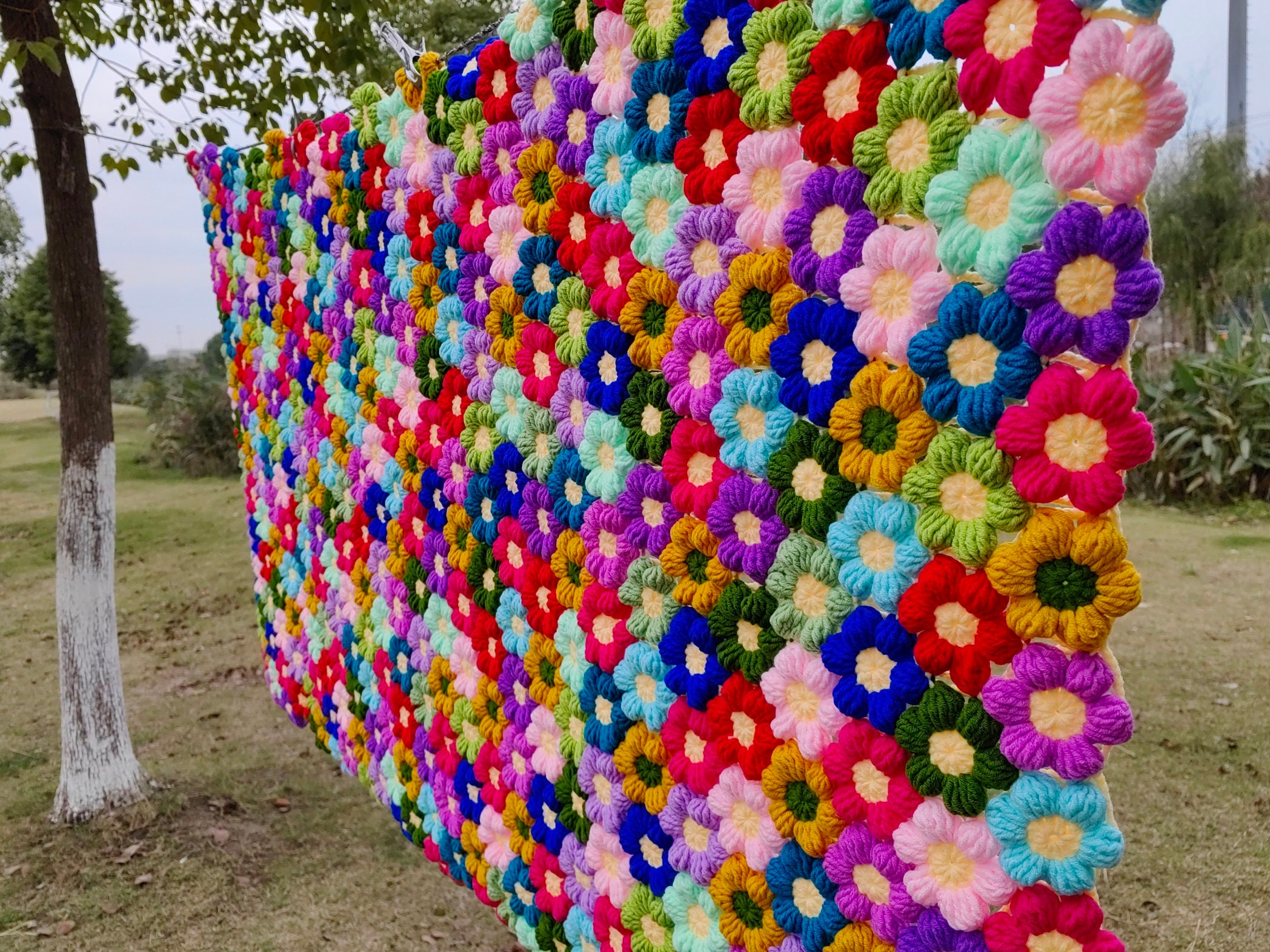 Crochet Blanket,crochet Puff Flower Blanket,puff Flowers,crochet Afghan ...