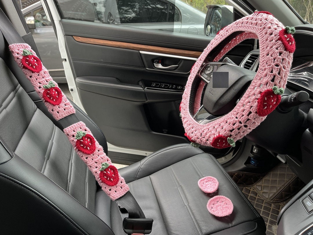 Handmade Crochet Strawberry Car Accessories: Steering Wheel Cover ...
