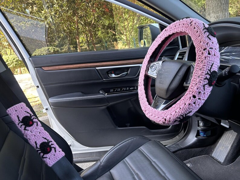 Crochet Spider Pink Car Steering Wheel Cover & Seatbelt Cover Set - Etsy UK