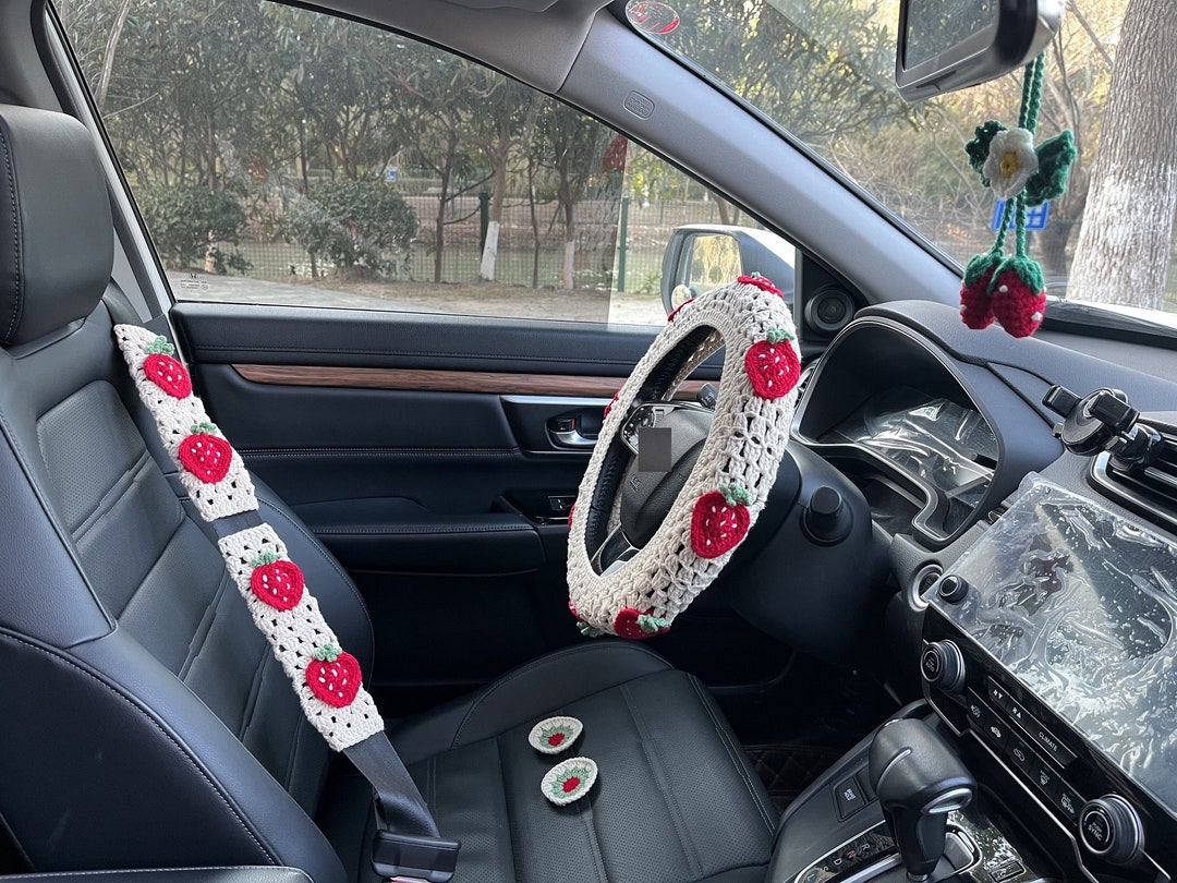 Crochet Strawberry Car Steering Wheel Cover: Handmade Auto Accessories ...