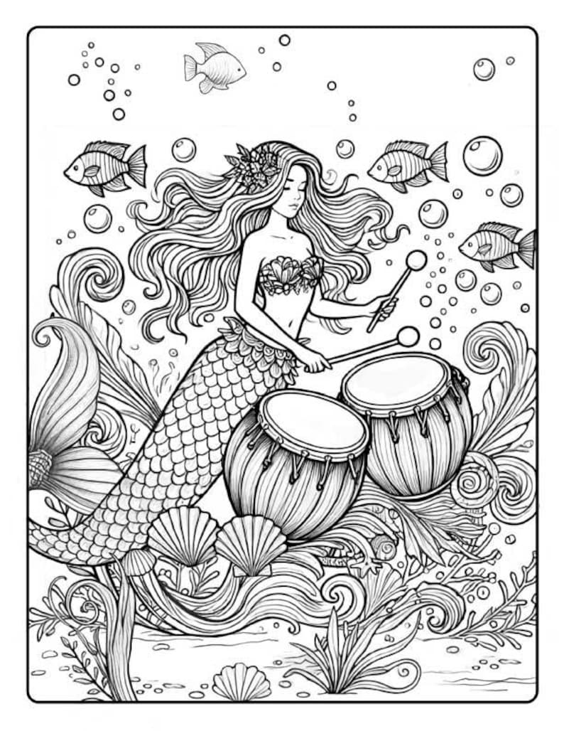 Musical Mermaid Coloring Pages Instant Download 10 Unique Printable ...