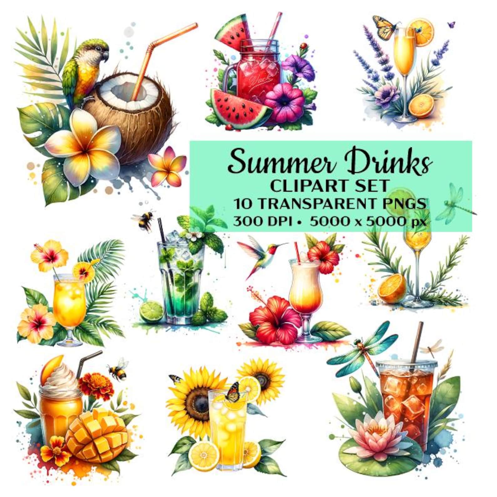 Summer Drinks Clipart PNG Set Instant Download 10 Watercolor Design ...