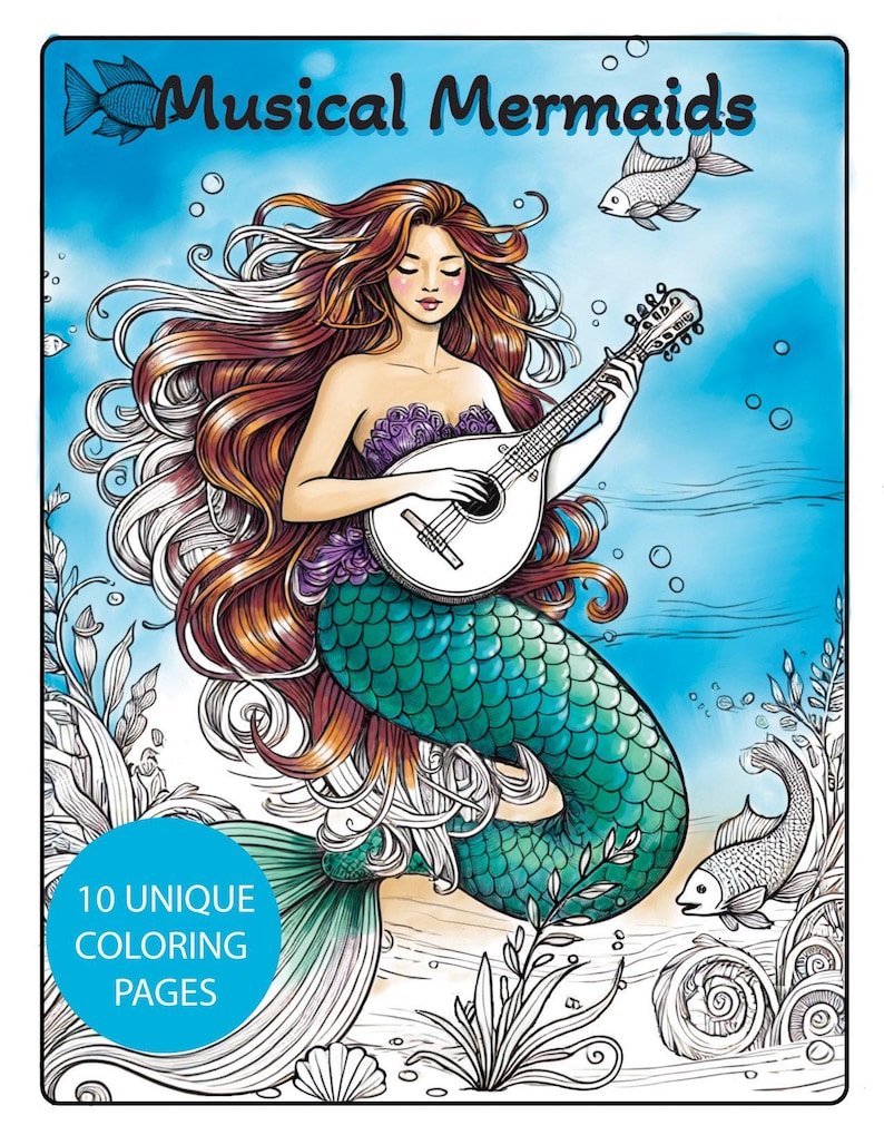 Musical Mermaid Coloring Pages Instant Download 10 Unique Printable ...