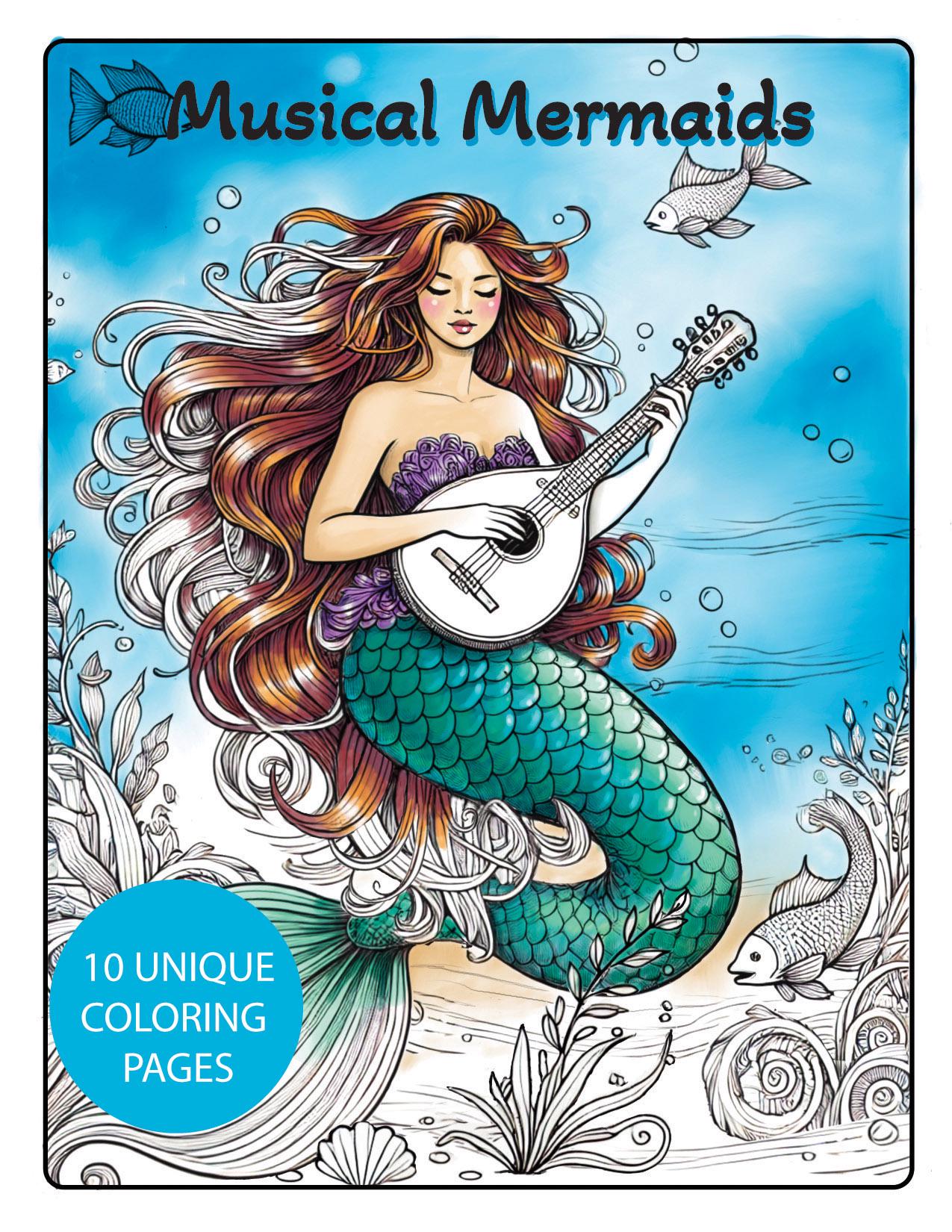 Musical Mermaid Coloring Pages Instant Download 10 Unique Printable ...