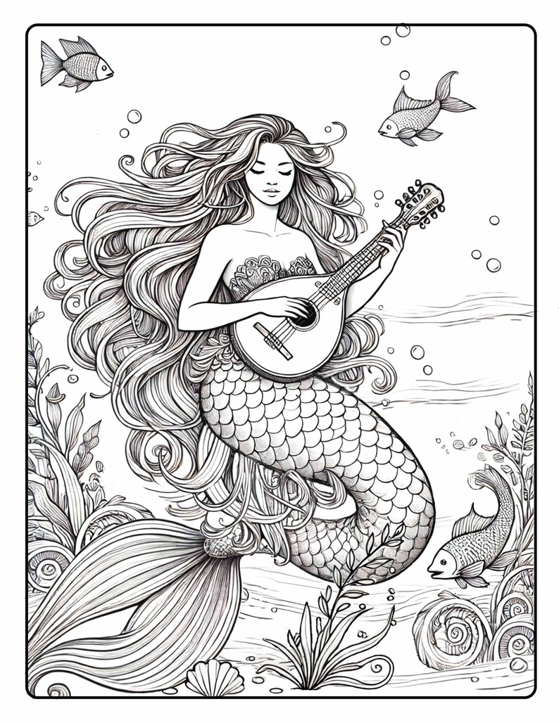 Musical Mermaid Coloring Pages Instant Download 10 Unique Printable ...