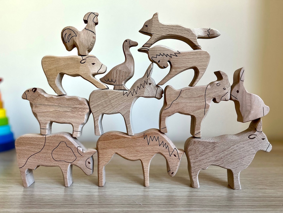 Wooden Farm Animal Toys Set, Handmade Baby Shower Gift, Montessori ...