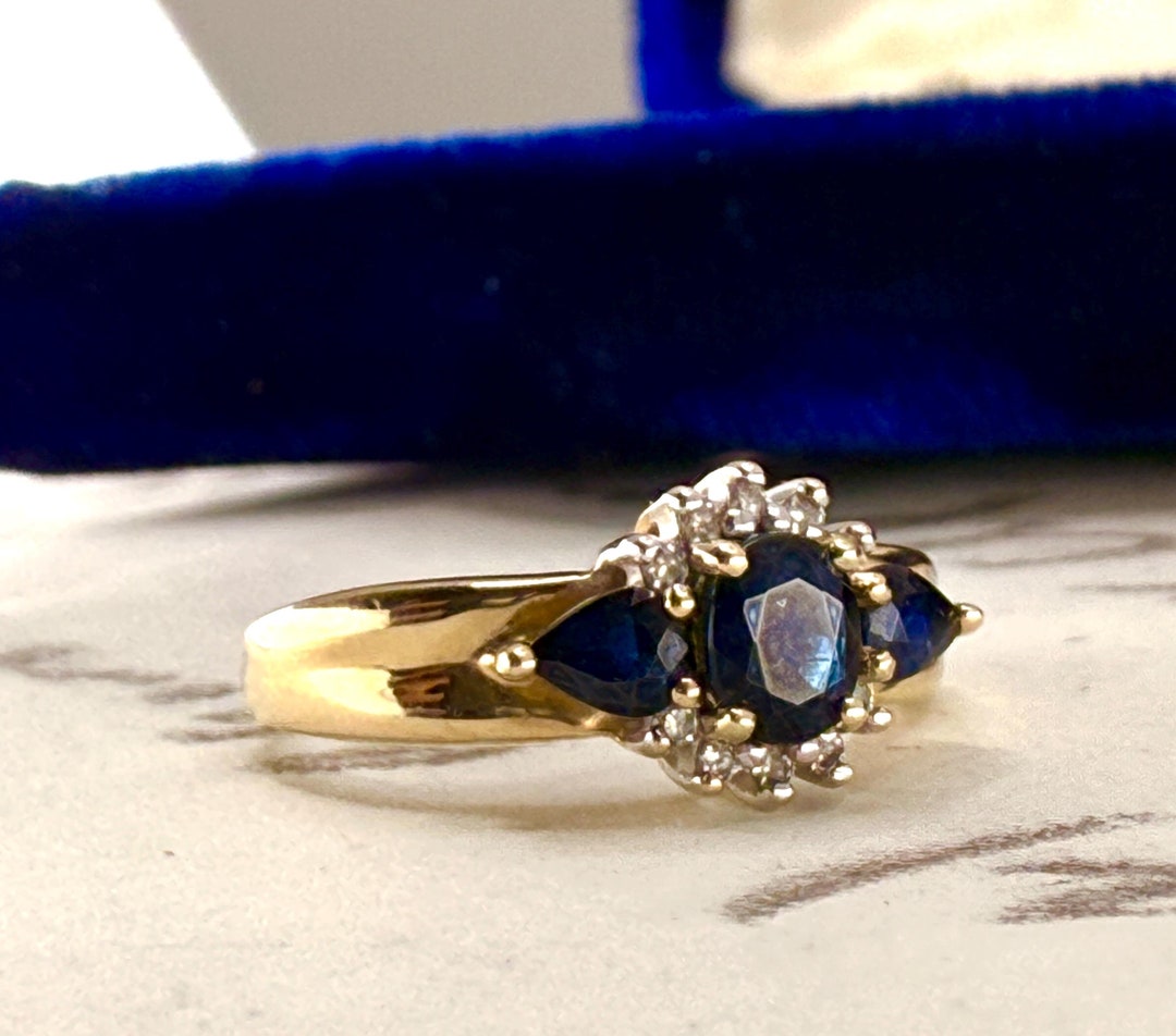10K Gold Sapphire and Diamond Halo Samuel Aaron Ring - Vintage - Size 5 ...