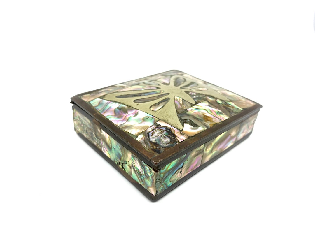 Vintage Mexican Abalone Shell Jewelry Trinket Dresser Vanity Box ...