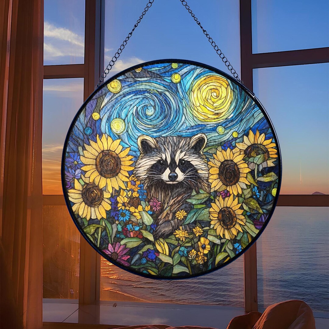 Raccoon Glass Suncatcher, Cute Raccoon & Sunflower Suncatcher Decor ...