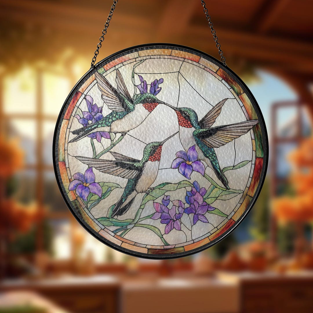 Hummingbirds Glass Art, Three Hummingbirds Glass Suncatcher ...