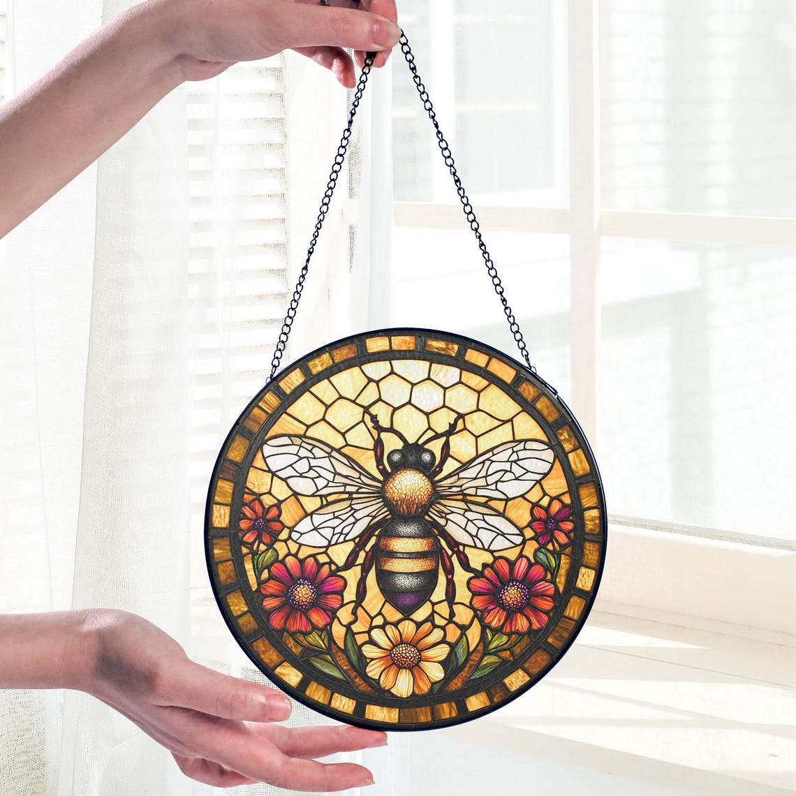 Honeycomb Glass Suncatcher, Bee Sun Catcher, Beehive and Flower ...