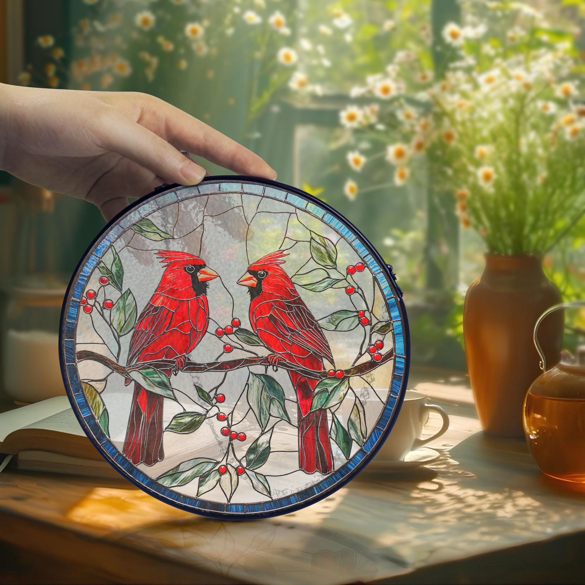 Two Cardinals Glass Suncatcher, Red Bird Glass Art, Gifts for Women ...