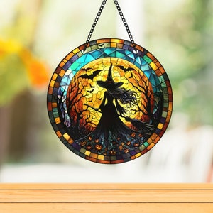 Halloween Witch With Moon Suncatcher, Witchy Window Hanging Decor ...
