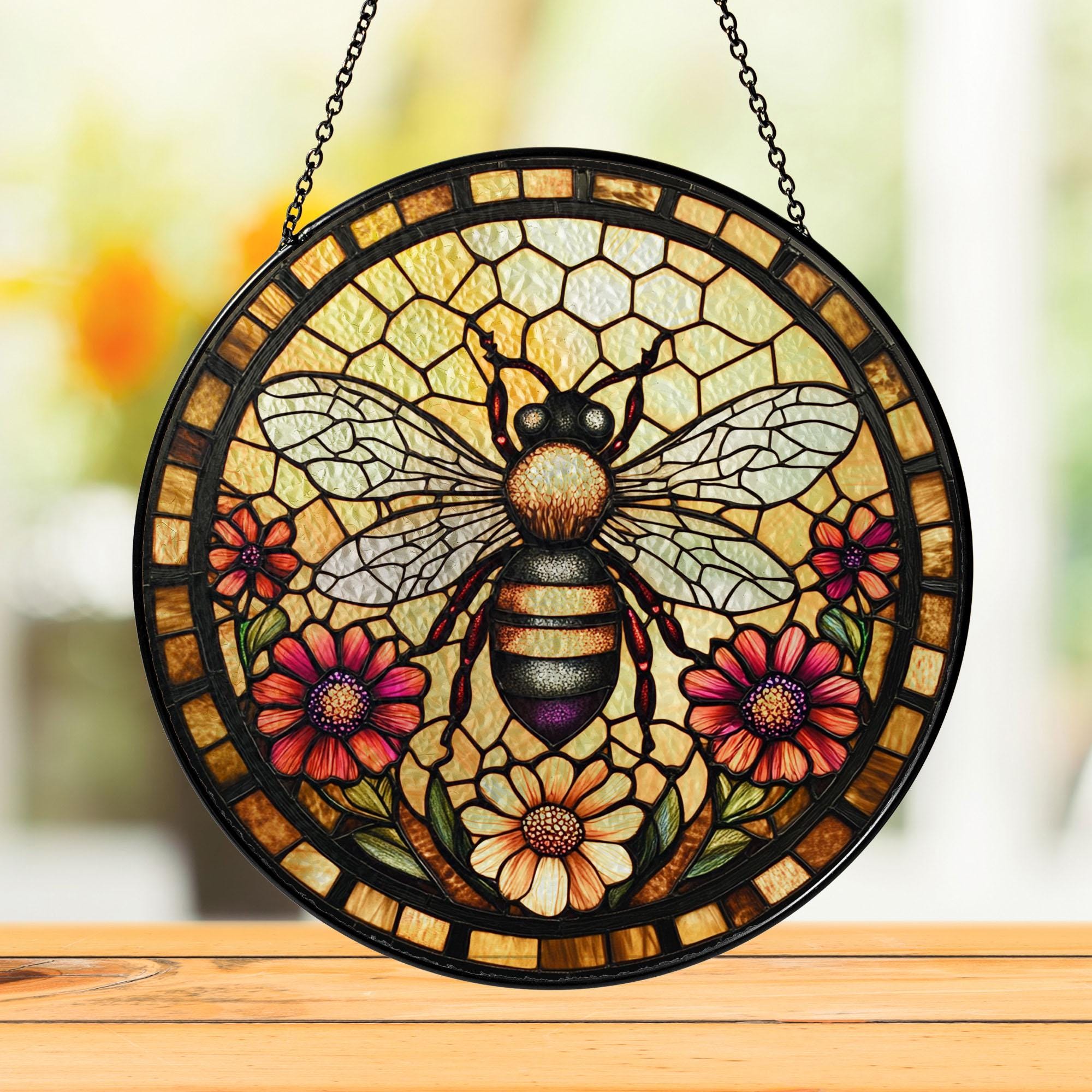 Honeycomb Glass Suncatcher, Bee Sun Catcher, Beehive and Flower ...