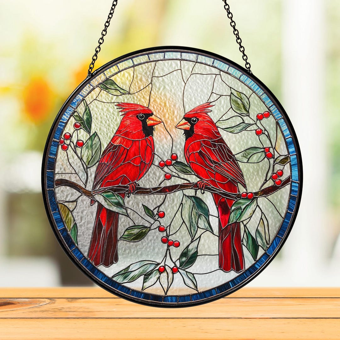 Two Cardinals Glass Suncatcher, Red Bird Glass Art, Gifts for Women ...