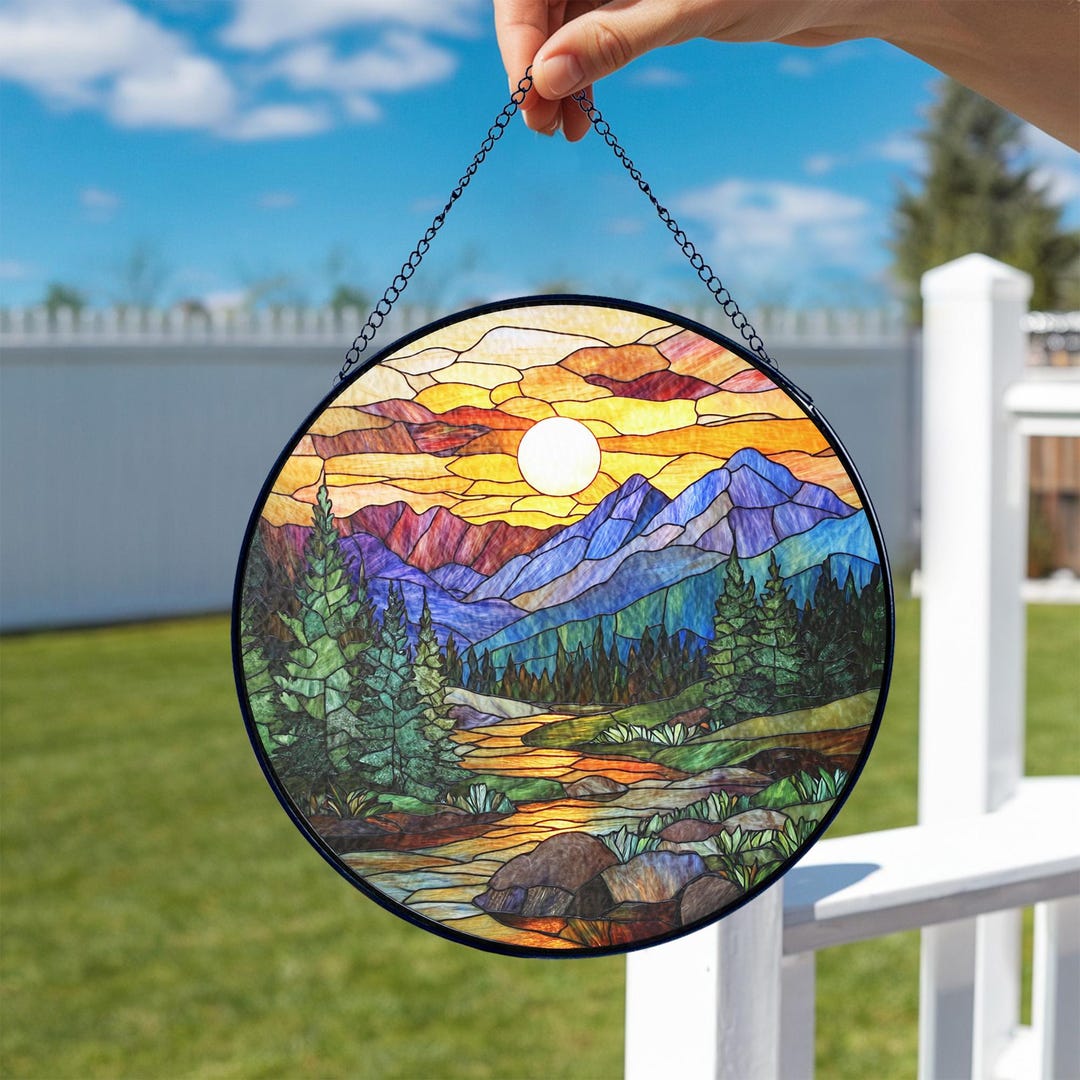 Mountain Sunset Sunrise Glass Suncatcher, Sunset Window Hanging, Nature ...