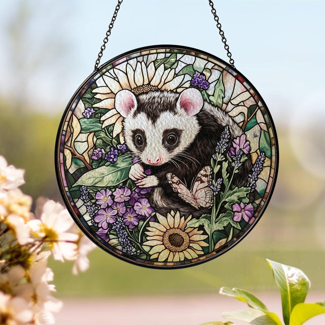 Opossum Glass Suncatcher, Wildflowers Sun Catcher Decor, Cute Opossum ...