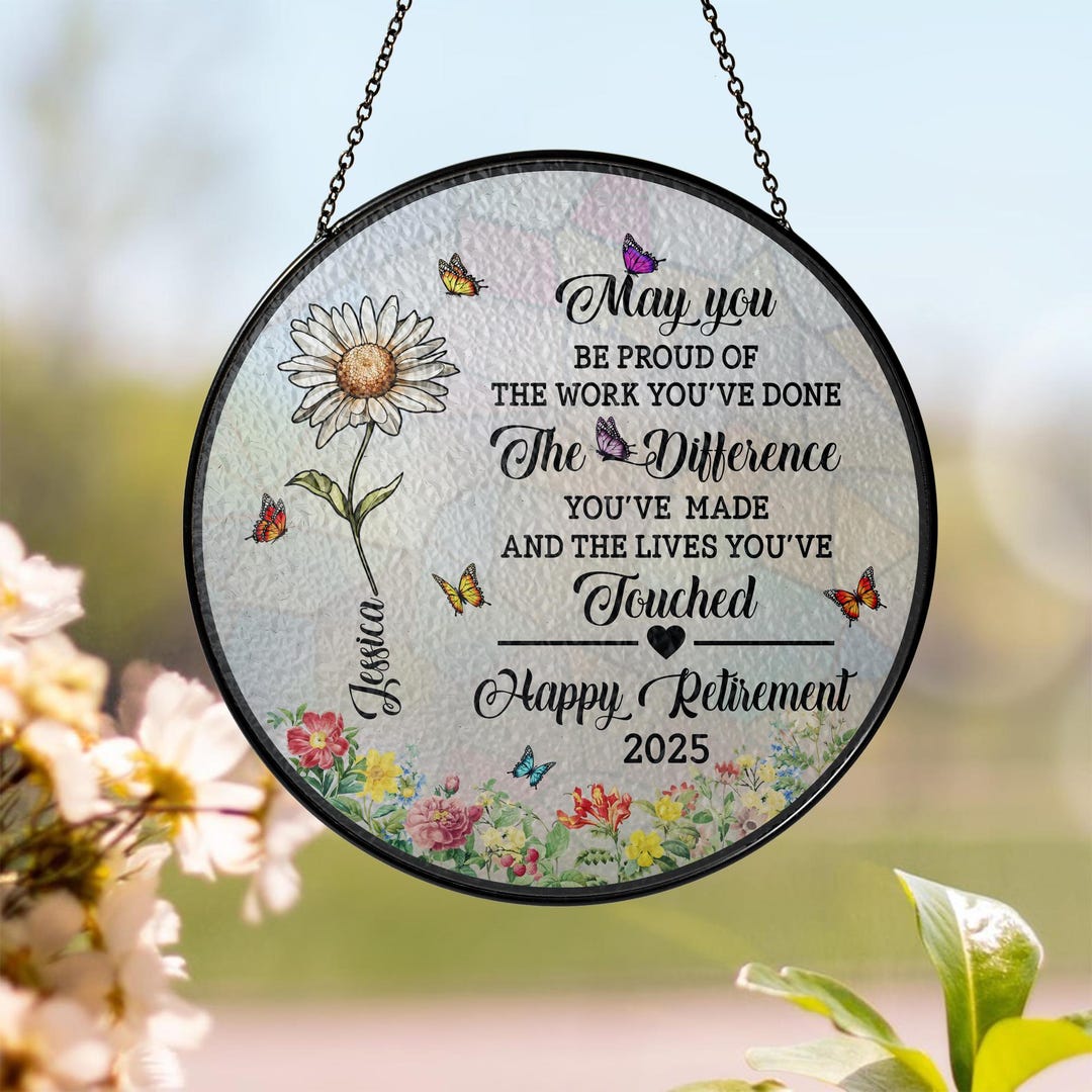 Personalized Flower Retirement Glass Suncatcher, Custom Birth Month ...