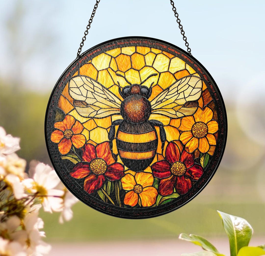 Honeycomb Glass Suncatcher, Bee Sun Catcher, Beehive and Flower ...