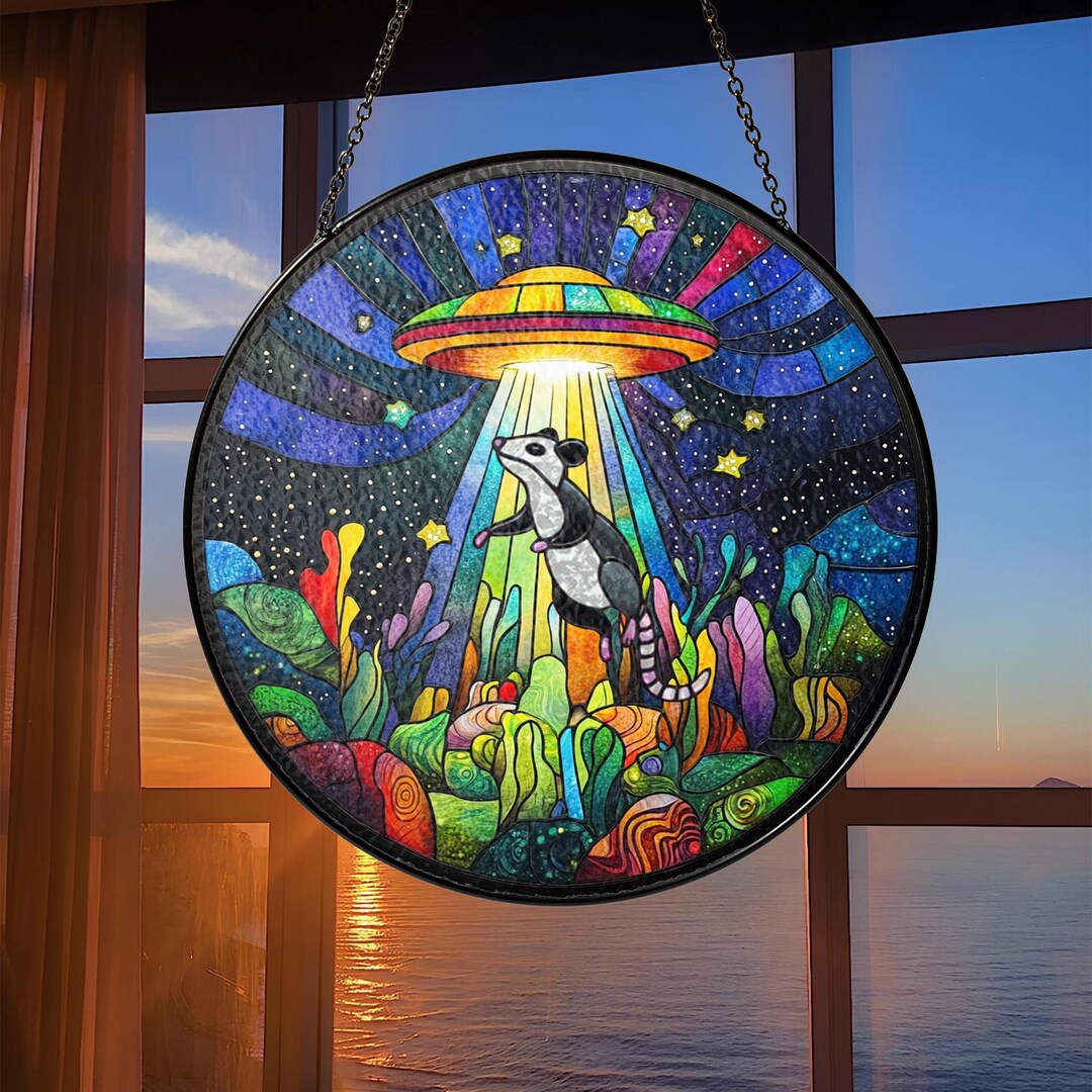 UFO Abduction Opossum Glass Suncatcher, Funny Opossum Sun Catcher ...