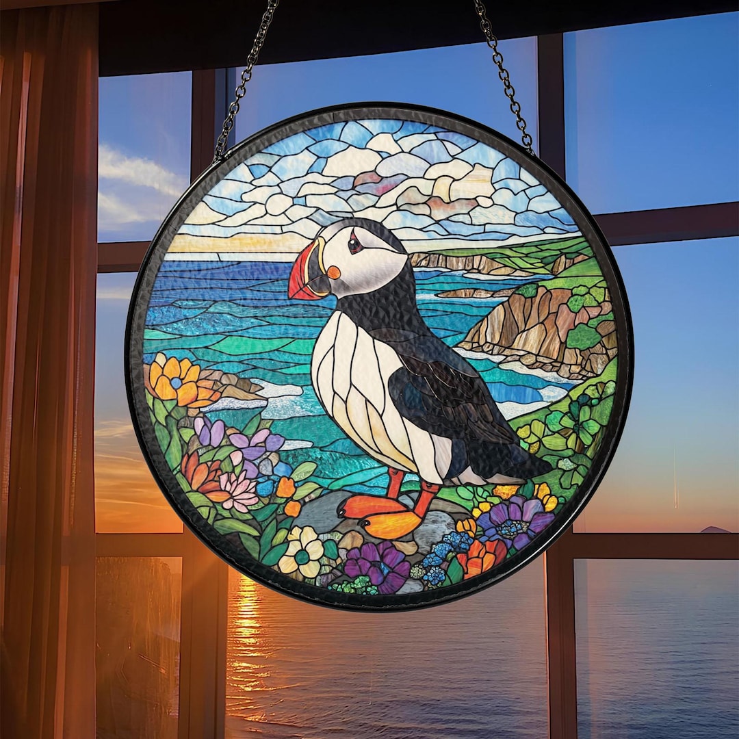 Puffin Glass Suncatcher, Puffin on Cliff Suncatcher Decor, Ireland Wall ...