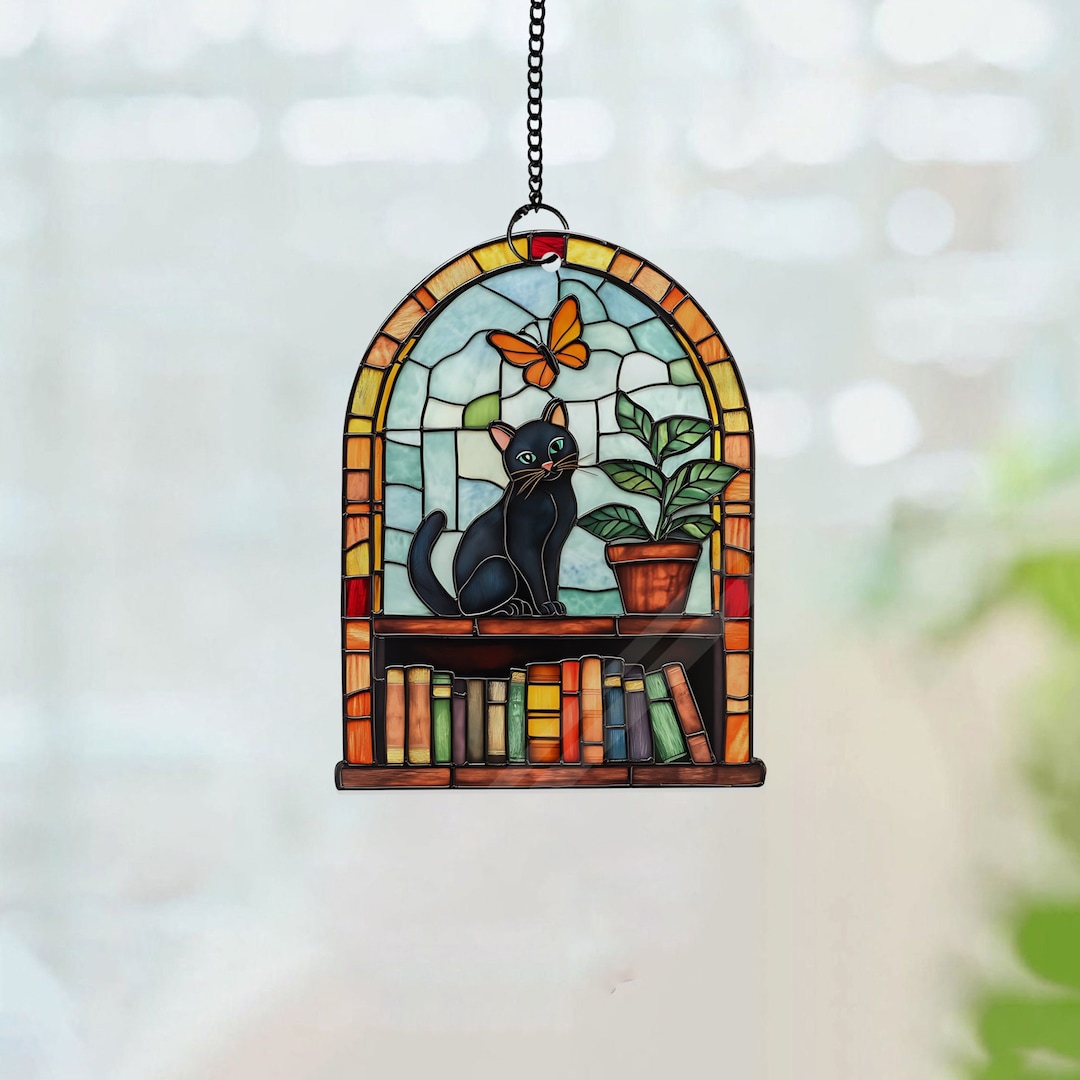 Black Cat and Books Acrylic Suncatcher, Cat Suncatcher, Cat & Plant ...