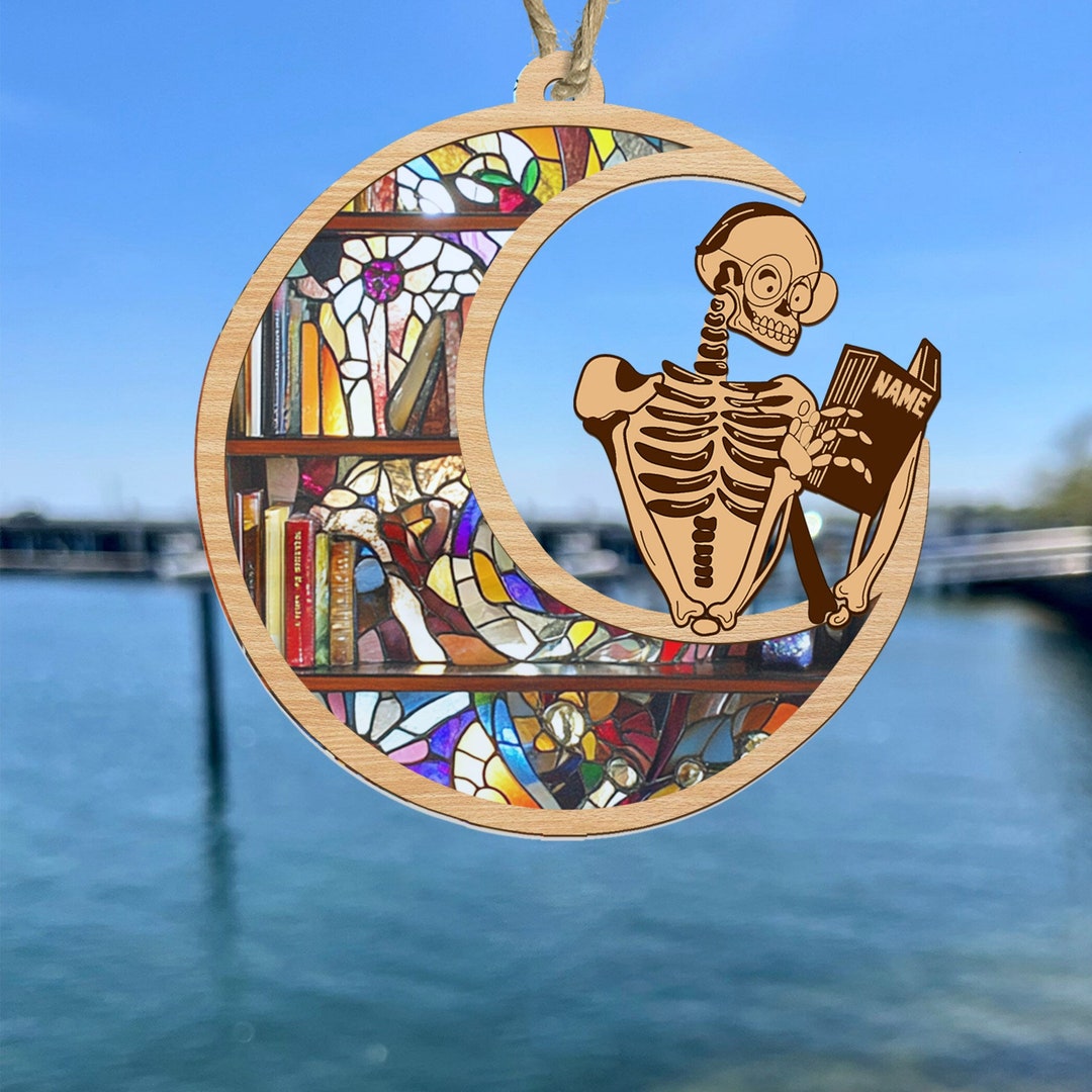 Personalized Skeleton Reading Book Suncatcher, Halloween Skeleton ...