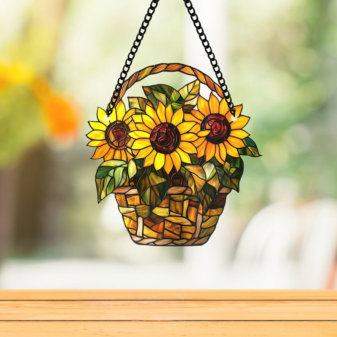 Sunflower Basket Suncatcher, Sunflower Acrylic Window Hanging Decor ...
