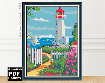 Scenic Lighthouse PDF Counted Cross Stitch Pattern Landscape - Etsy