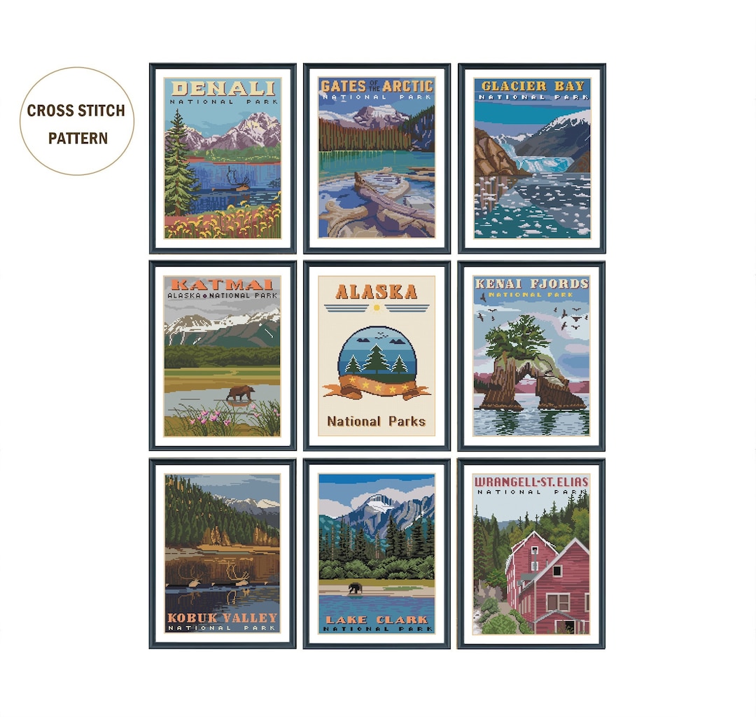 Set of 8 Alaska National Parks Cross Stitch Pattern / Alaska Landcsape ...