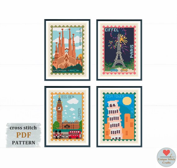 4 Famous Landmarks Cross Stitch Pattern / World Landmarks / - Etsy