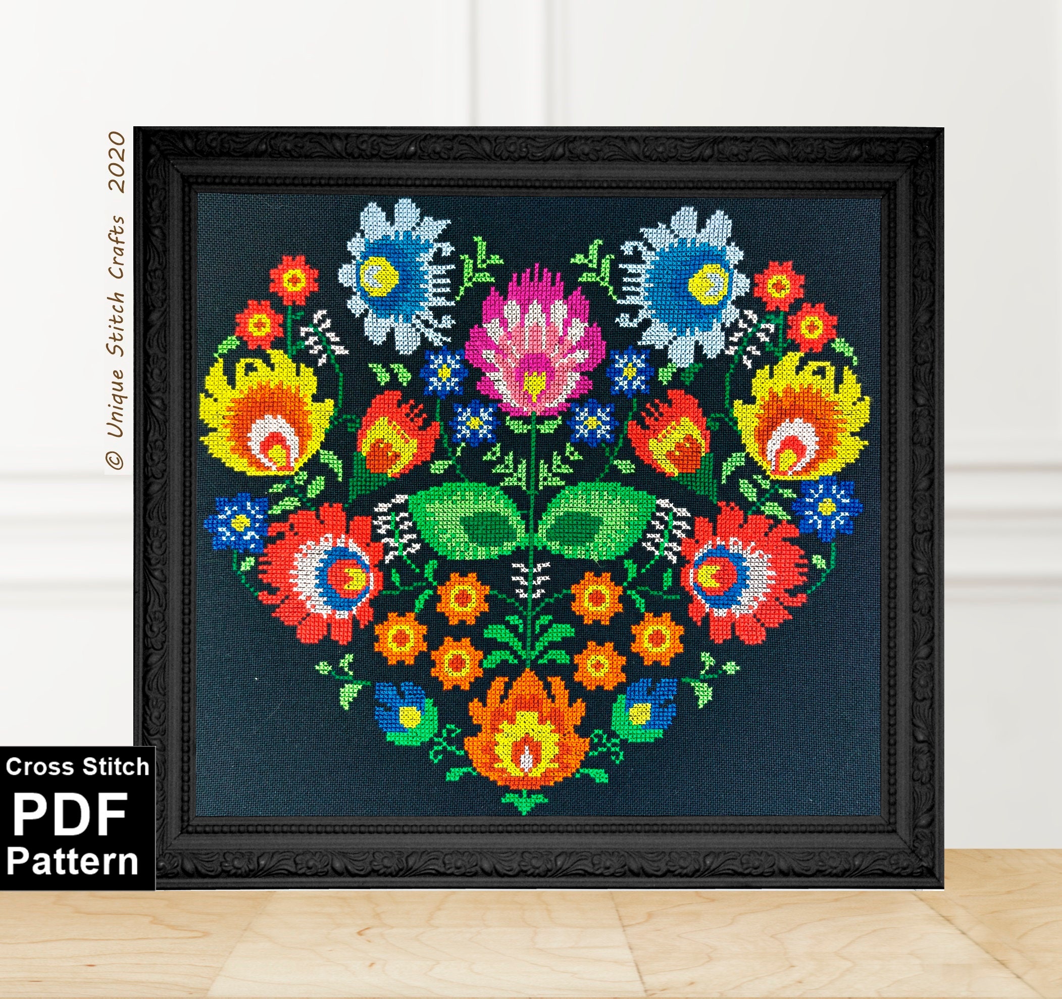 Folk Art Cross Stitch Pattern / Polish Floral Pillow Embroidery ...