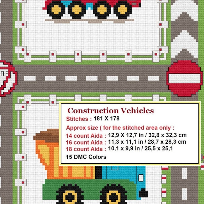 Construction Vehicles Cross Stitch Pattern: Toys Truck Excavator ...