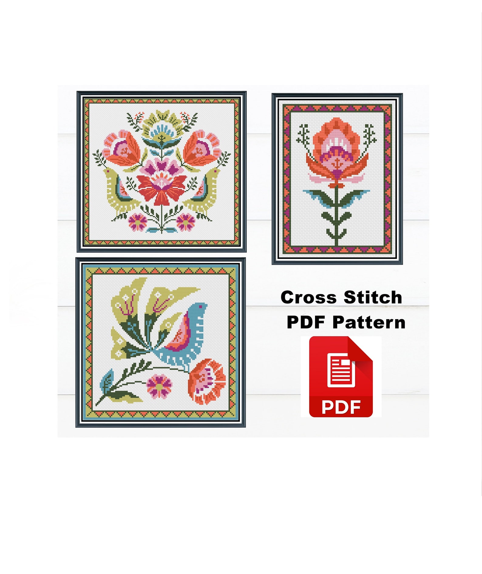 Set of 3 Floral Folk Design Cross Stitch Pattern / Ethnic - Etsy