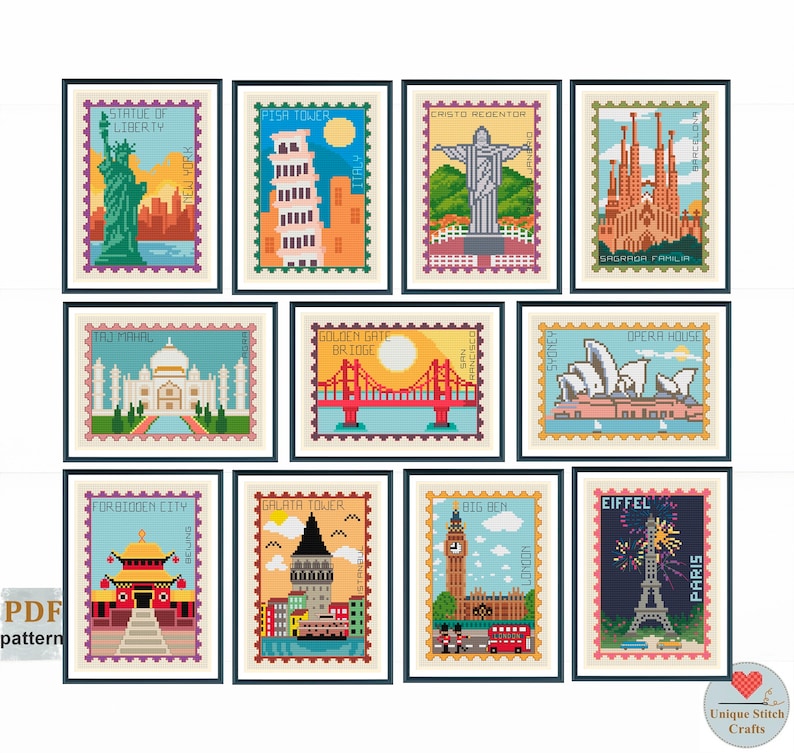 World Landmarks Cross Stitch Pattern: Stamp Style (digital Pattern) - Etsy