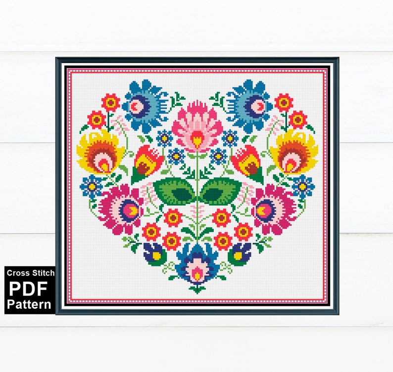 Folk Art Cross Stitch Pattern / Polish Floral Pillow Embroidery ...