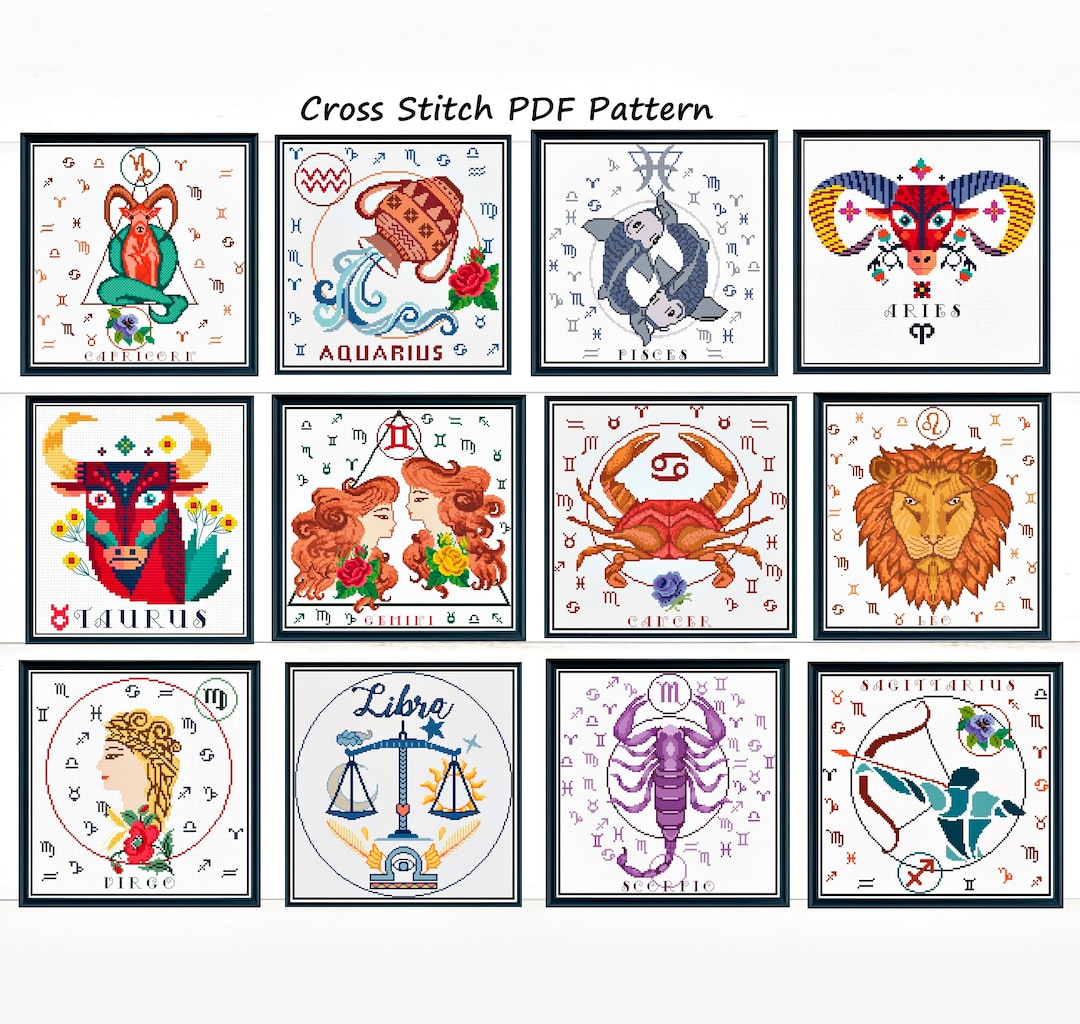 12 Horoscopes Sign Set-cross Stitch Pattern / Zodiac Cross Stitch ...