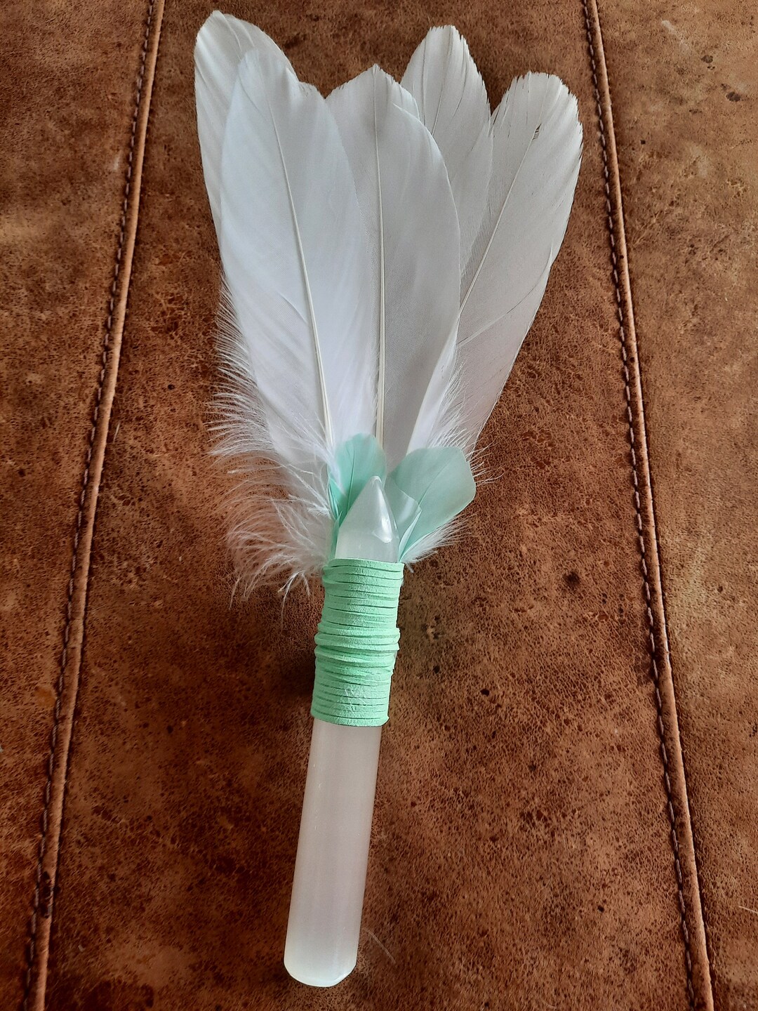 Handcrafted Smudge Feather: Selenite Wand, Turquoise Cord & Crystals ...