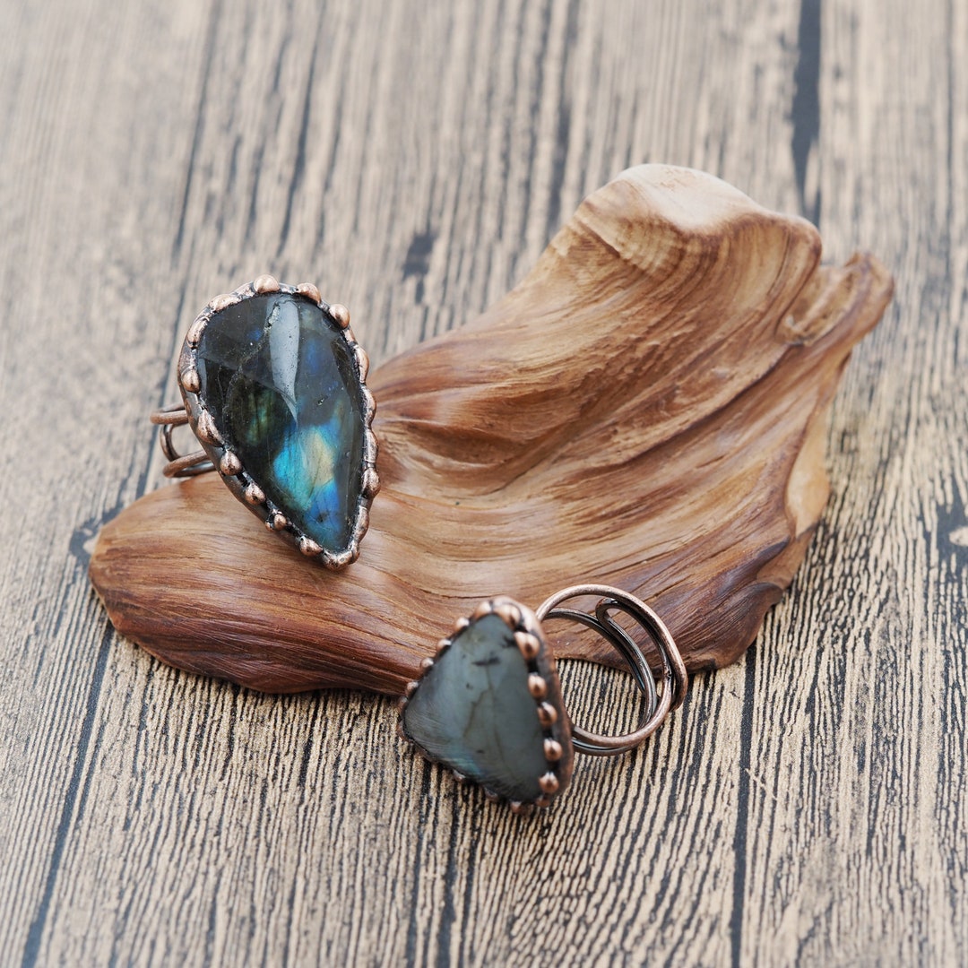 Natural Stone Ring, Antique Copper Soldered Glitter Stone Ring ...