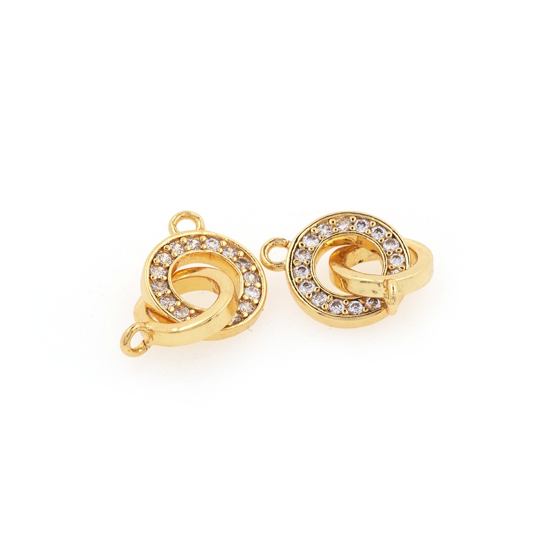 Gold Plated Double Ring Connector Cubic Zirconia Micropavé Tiny Double ...
