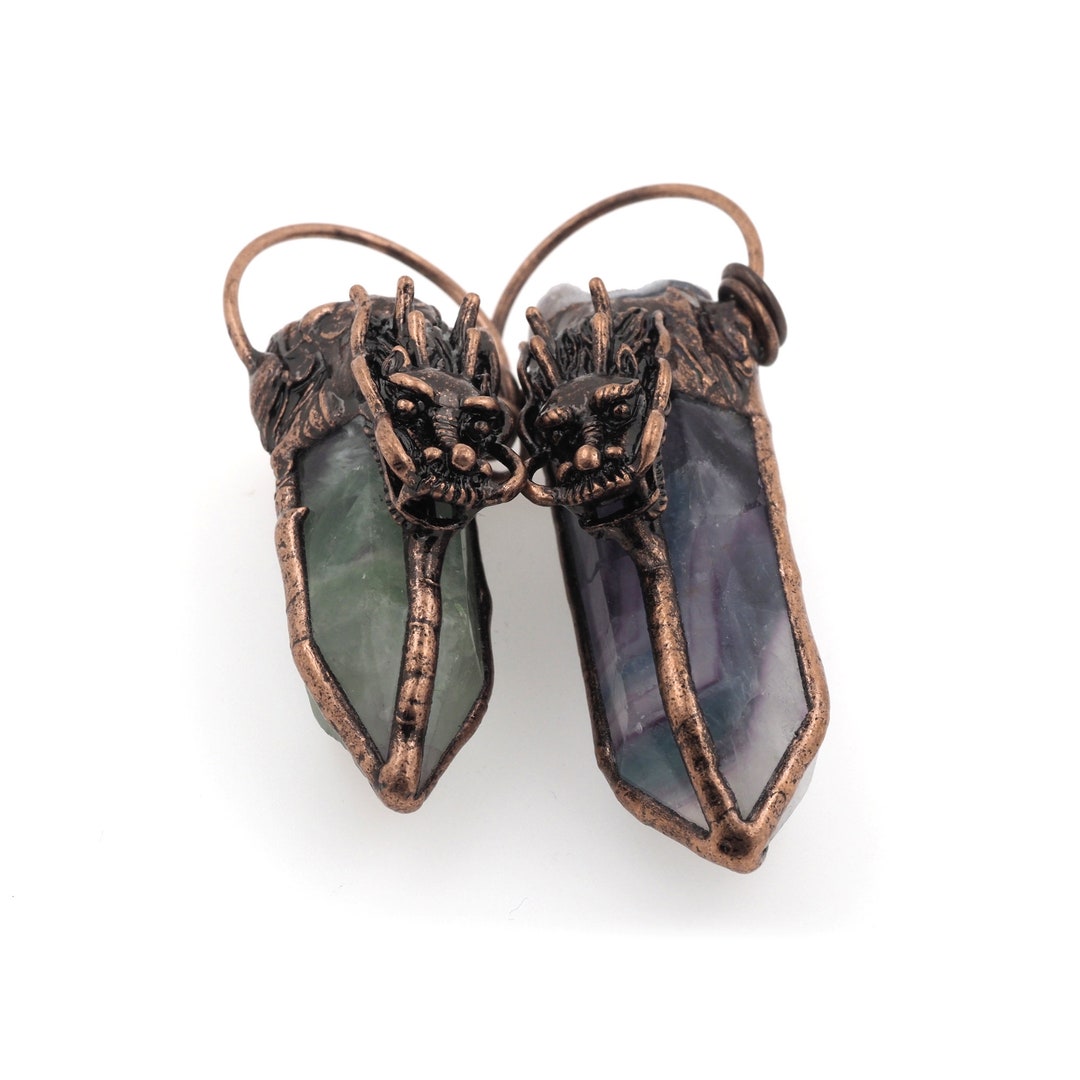 Dragon Conical Natural Stone Fluorite Antique Copper Pendant Large Size ...