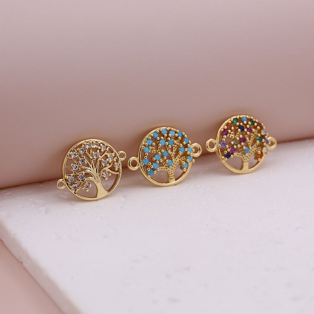 Life Tree Connector Ring 18K Gold Connector Handmade DIY CZ Inlaid ...