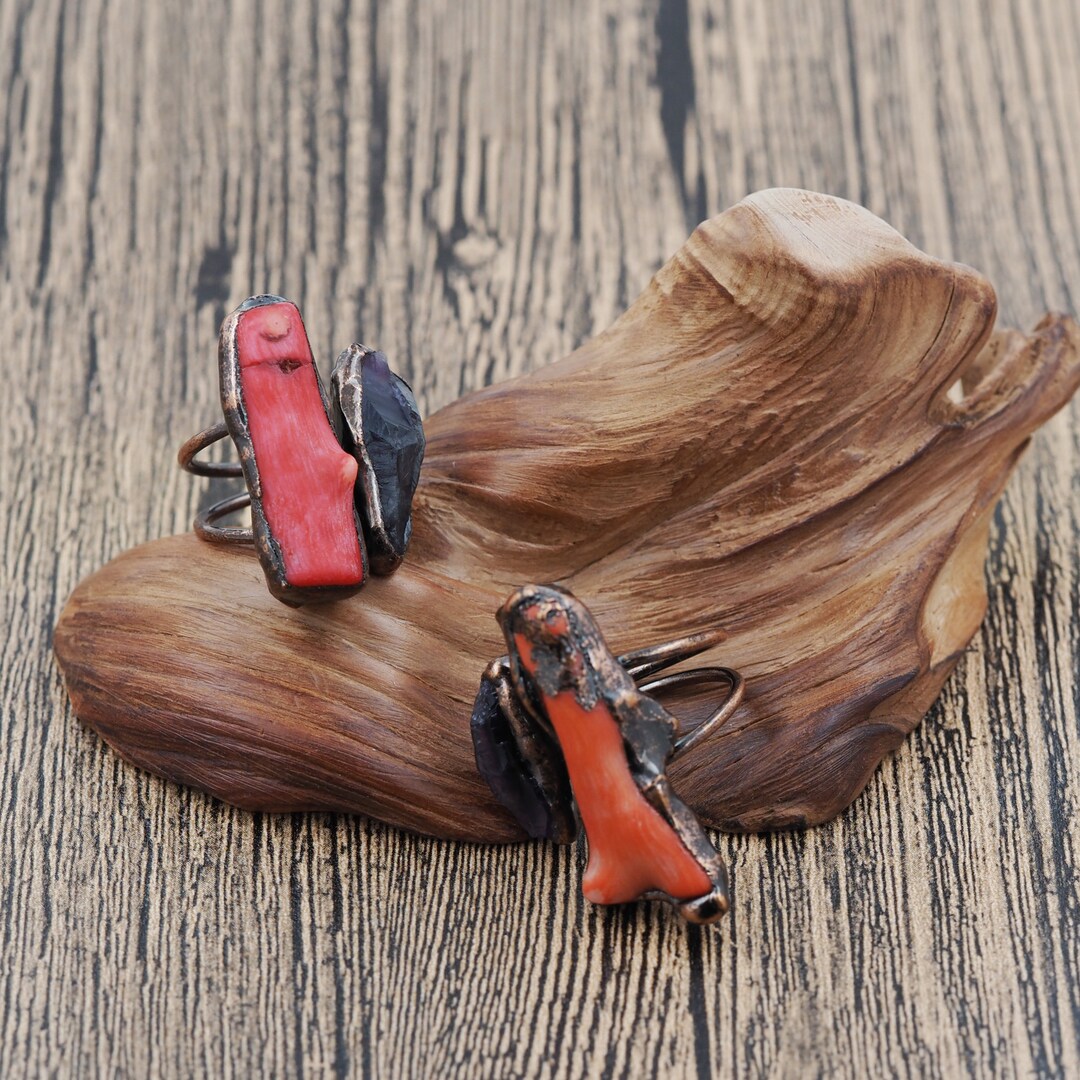 Coral Jade Antique Copper Solder Ring, Amethyst Coral Jade Ring ...